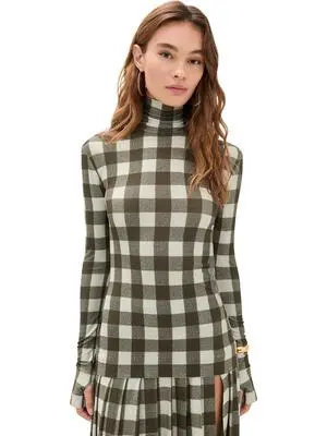 Norma Kamali Slim Fit Long Sleeve Turtle Top - Bark Box Plaid