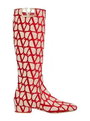 Valentino Garavani V Logo Toile Iconographe Boots - Cream