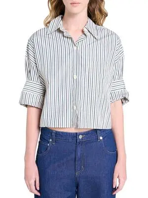 TWP Stripe Crop Button-up Shirt - Ivory/cilantro