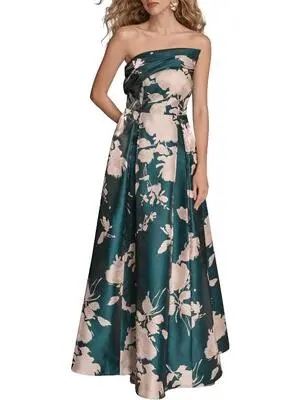 Donna Karan New York Floral Print Strapless Satin Gown - Hudson/sand Multi