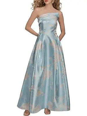 Donna Karan New York Floral Print Strapless Satin Gown - Sea Mist Multi