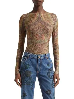 Etro Paisley Metallic Long Sleeve Top - Print On Black Base
