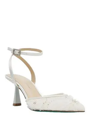 Betsey Johnson Delia Beaded Mesh Ankle Strap Pump - Ivory