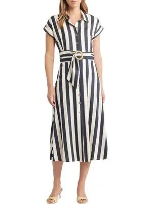 ZOE AND CLAIRE Stripe Belted Midi Shirt Dress - Navy