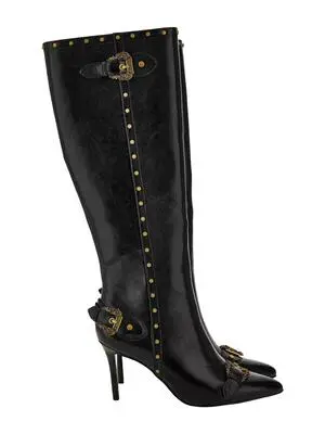 Versace Buckle-detail Studded Knee-high Boots - Black