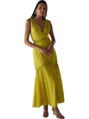 WAREHOUSE Chiffon Fringe Trim Cut-out Maxi Dress - Chartreuse