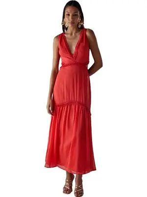 WAREHOUSE Chiffon Fringe Trim Cut Out Maxi Dress - Red