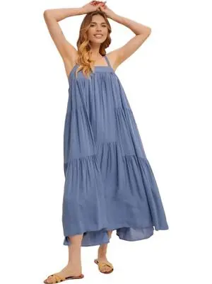 KNIT & LOUNGE Tiered Flowy Midi Dress With Pockets - Light Blue