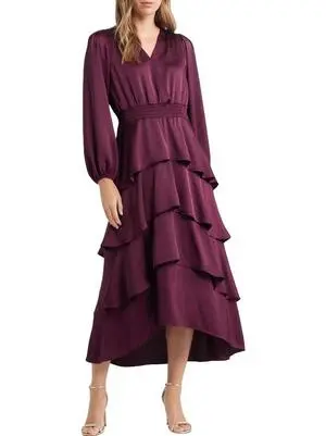 Anne Klein Long Sleeve Tiered High-low Satin Dress - Dark Chianti