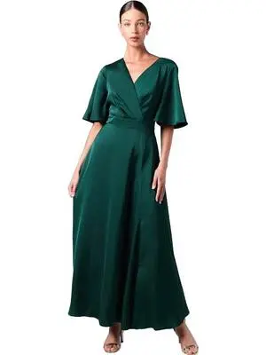 Coast Wrap Satin Maxi Bridesmaids Dress - Emerald