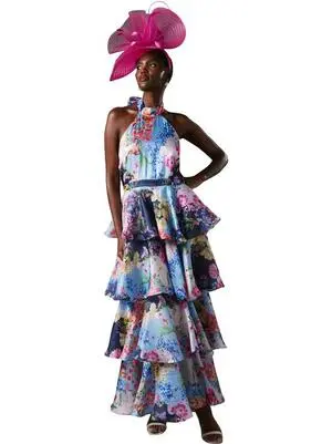 Coast Halterneck Floral Print Tiered Maxi Dress - Navy