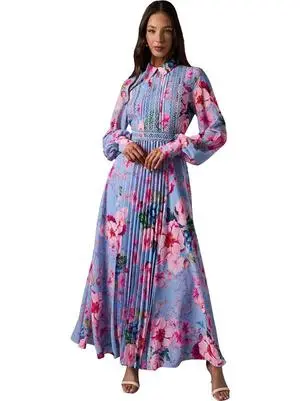 Coast Pleated Lace Trim Long Sleeve Midi Dress - Blue