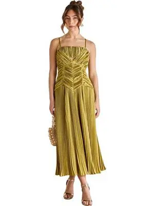 Coast Pleated Peplum Strappy Satin Dress - Olive