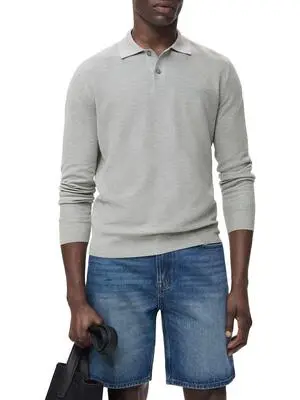 Mango Long Sleeve Piqué Polo - Medium Heather Grey