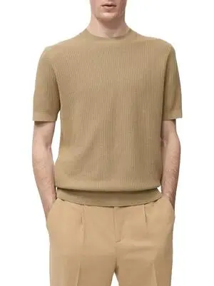 Mango Textured Cotton Knit T-shirt - Beige