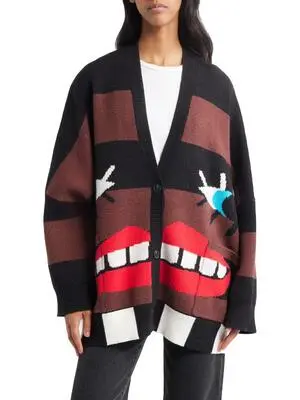 DRESSED IN LALA Oversized Intarsia Knit Cardigan - Brown/black
