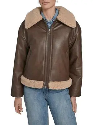 LEVI'S Reversible Faux Leather & Faux Shearling Jacket - Saddle