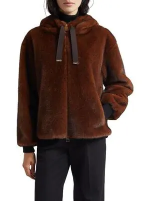 Herno Mink-Effect Faux Fur Hooded Blouson Jacket Marrone Scuro