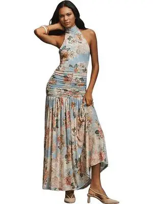 AFRM Cromwell Halter Ruched Mesh Maxi Dress - Soft Slate Bloom