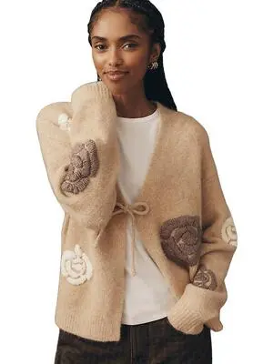 FLAT WHITE Flower Embroidered Cardigan Sweater - Beige
