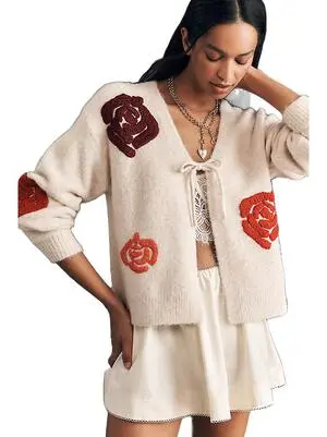 FLAT WHITE Flower Embroidered Cardigan Sweater Neutral/pink
