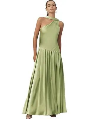 Bhldn One-shoulder Scarf-neck Asymmetric Maxi Dress - Green