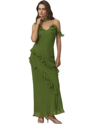 DE LA VALI Hemera Ruffled Silk Scarf Maxi Dress - Forest Green