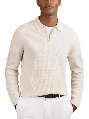 REISS Hamilton Long Sleeved Half Zip Square Textured Wool Polo Shirt - Off White