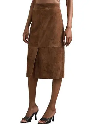 REISS Miley Suede Midi Skirt - Tan Brown