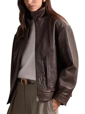 REISS Kiara Textured Leather Jacket - Burgundy