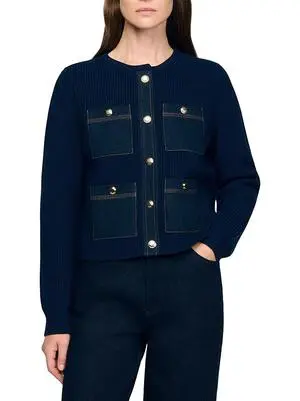 Sandro Denim Trim Cardigan - Navy Blue