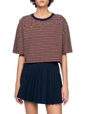 Sandro Striped Rhinestone Tee - Brown/deep Blue
