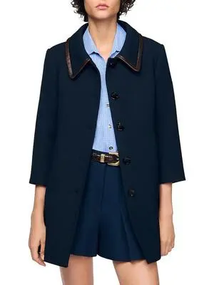 Sandro Leather Trim Jacket - Navy Blue