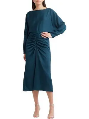 Amsale Ruched Long Sleeve Cocktail Dress - Petrol