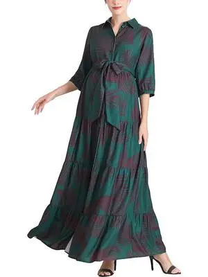 KIMI + KAI Button-front Maternity Nursing Maxi Shirtdress With Belt - Multicolored