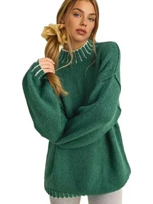 KNIT & LOUNGE Oversized Contrast Trim Knit Sweater Emerald Green