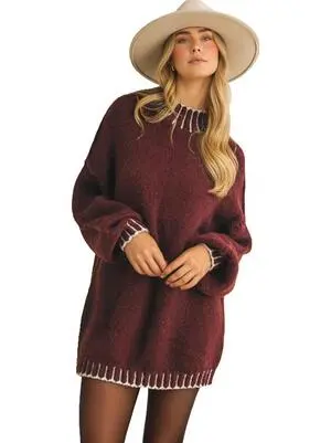 KNIT & LOUNGE Oversized Contrast Trim Knit Sweater - Maroon