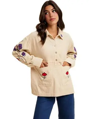 KNIT & LOUNGE Floral Embroidered Corduroy Jacket - Beige