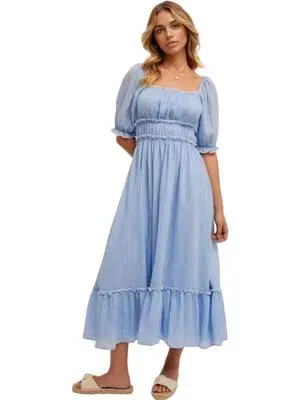 KNIT & LOUNGE Puff Sleeve Square Neck Midi Dress - Light Blue