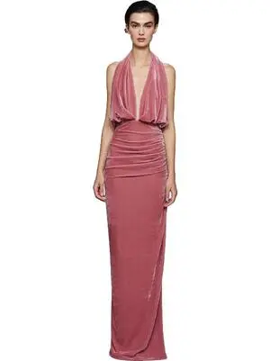 ET OCHS Stretch Velvet Halter Gown - Elderberry Smoke