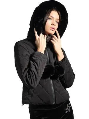 SPARKL Puffer Jacket With Faux-fur Lined Hood - Black