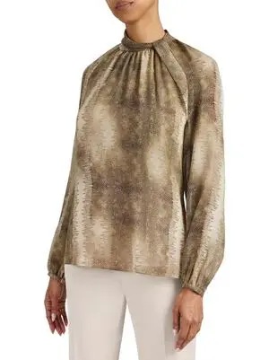 Santorelli Dakota Animal Print Blouse With Lantern Sleeves - Sahara