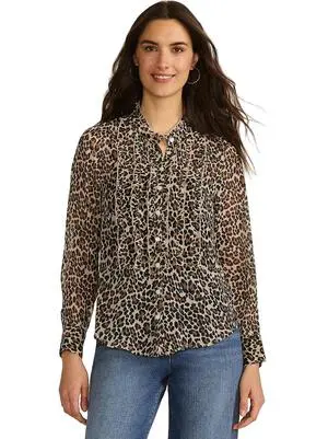LANDS' END Chiffon Ruffle-front Long Sleeve Top - Champagne Animal Spots
