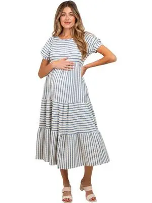 PINKBLUSH Striped Short Sleeve Tiered Maxi Dress - Blue