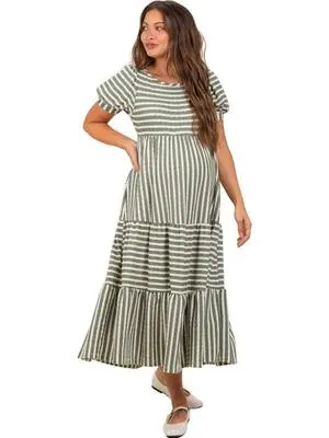 PINKBLUSH Striped Short Sleeve Tiered Maxi Dress - Light Olive