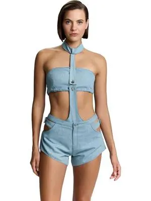 JENDUE Belinda Denim Bodysuit - Iced Blue