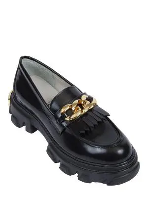 URBNKICKS Leather Loafer With Gold Chain - Black