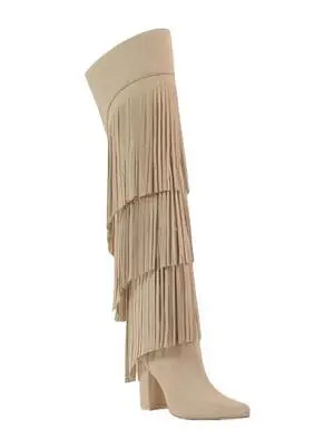 DANTE Fringe Leather Tall Boots - Beige