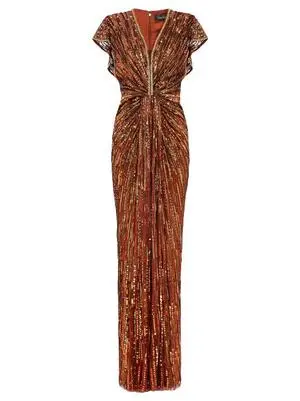 Jenny Packham Sequin-embellished V-neck Maxi Dress - Bronze