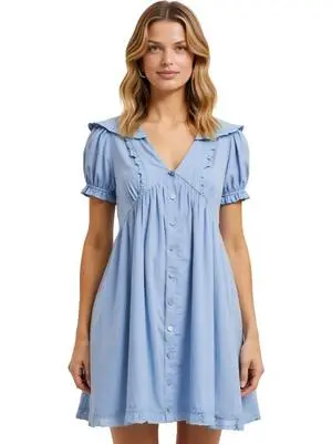 MODENAIRE Button-front Lace-trimmed Mini Dress - Light Blue